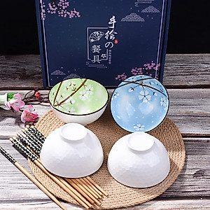 Japanese Style Ceramic Rice Bowl and Chopstick set of 4, Assorted Designs and Color with Phum Flowers Underglazed Dinnerware Ideal For Dessert Snack Cereal Soup in Gift Box