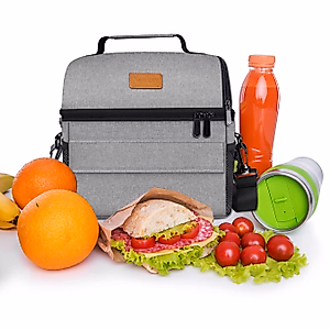 Naukay Lunch Box for Men Women, Dual Compartment Lunch Bag, Reusable Insulated Lunch Bags Large Lunch Box Cooler Tote Bags with Adjustable Shoulder Strap for Office Work Picnic Hiking Fishing, Grey