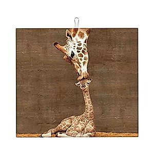 giraffe Printed Drying Mat For Kitchen Ultra Absorbent Microfiber Dishes Drainer Mats Non-Slip Silicone Quick Dry Pad - 18 X 16inch
