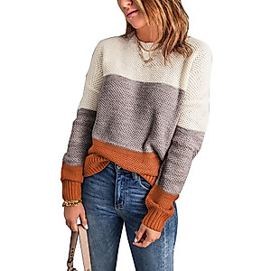 Dokotoo Womens Sweaters Fall 2024 Winter Crewneck Long Bat Sleeve Color Block Pullover for Women Casual Knit Jumper Tops Yellow Medium