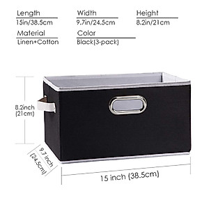 PRANDOM Large Collapsible Storage Bins for Closet [3-Pack] Decorative Fabric Storage Baskets Cubes with Leather/Metal Handles for Shelves Bedroom Living Room Black (14.9x9.8x8.3 Inch)