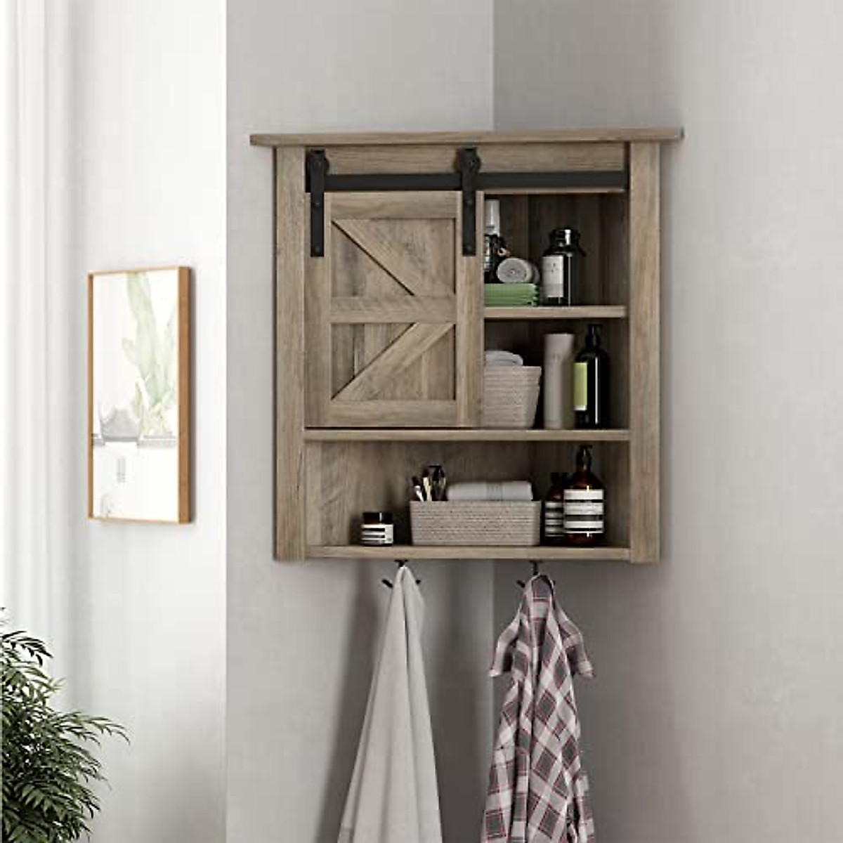 Fameill Bathroom Wall Cabinet Wall Mounted Corner Cabinet with Sliding Barn Door Over Toilet Bathroom Organizer Corner Wall Shelf Medicine Cabinet,Grey