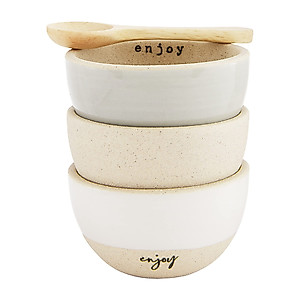 Mud Pie Stoneware Ramekin Set, bowl 2"H x 3"dia | spoon 3.5" long, Enjoy
