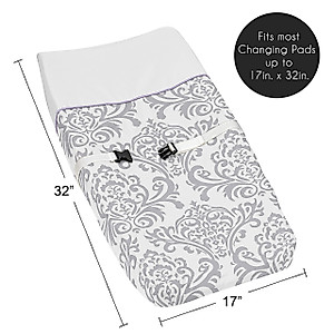 Lavender, Gray and White Damask Print Elizabeth Baby Changing Pad Cover for Girl Bedding Sets
