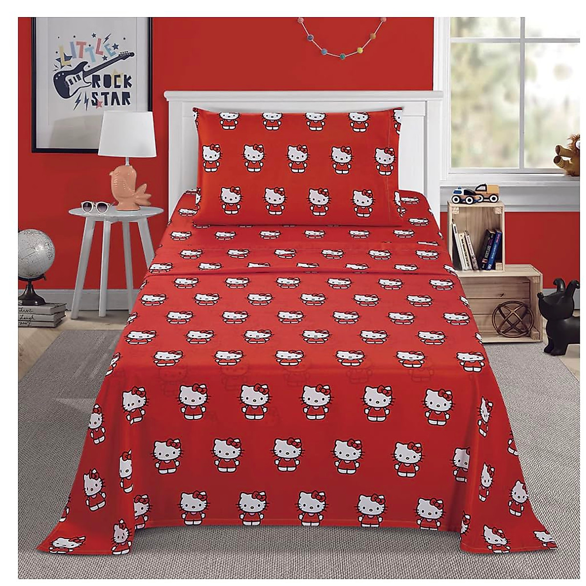 Jay Franco Twin Size Sheet Set 3 Pieces Kids Set (Hello Kitty Red), Pink, Black, JF14545
