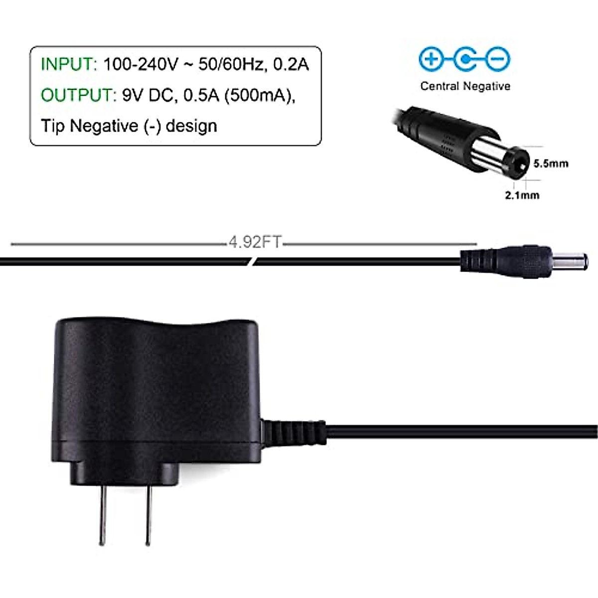 9V DC 0.5A Pedal Power Supply Adapter Tip Negative Sleeve Positive Power Source Adaptor for Guitar Effects Pedal and Some Models of Keyboards