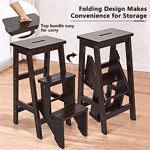 DORTALA 3 Tier Folding Step Stool, Rubber Wood Multifunctional Ladder Chair Bench, Portable Utility Seat, Flower Rack, 353 Lbs Capacity, Ideal for Library, Home (Coffee)