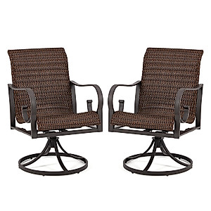 EROMMY Patio Swivel Chairs Set of 2, Heavy Duty Outdoor Dining Chair with 23.5'' High Back, Extra-Large Water-Fall Seat, Rattan Wicker Porch Chair Gentle Rocker for Outside Dark Brown