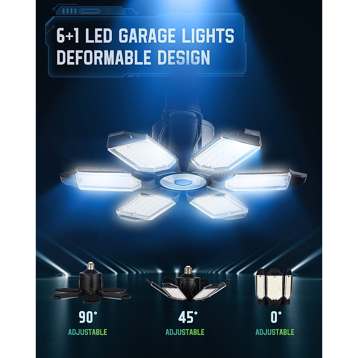 LIGHTNUM 6-Pack LED Garage Light, 16000Lm Deformable LED Garage Ceiling Light with 6 Adjustable Panels 6500k Led Shop Light Screw in E26/E27 Bulb Socket Compatible for Workshop Storage Room Basement