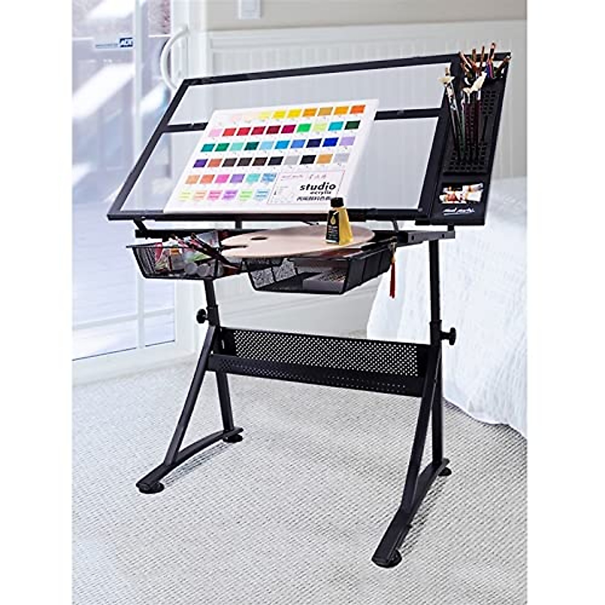 Adjustable Glass Drafting Table,Versatile Art Study Table,with Storage Drawers,Art Studio Design Sketching Painting Work Station