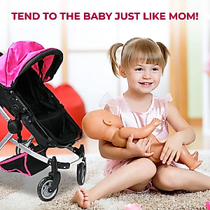 Mommy & Me Babyboo Doll Pram Foldable Doll Stroller with Basket, Convertible Seat, Adjustable Handle, Swiveling Wheels, and Free Carriage Bag (Multi Function) - Hot Pink