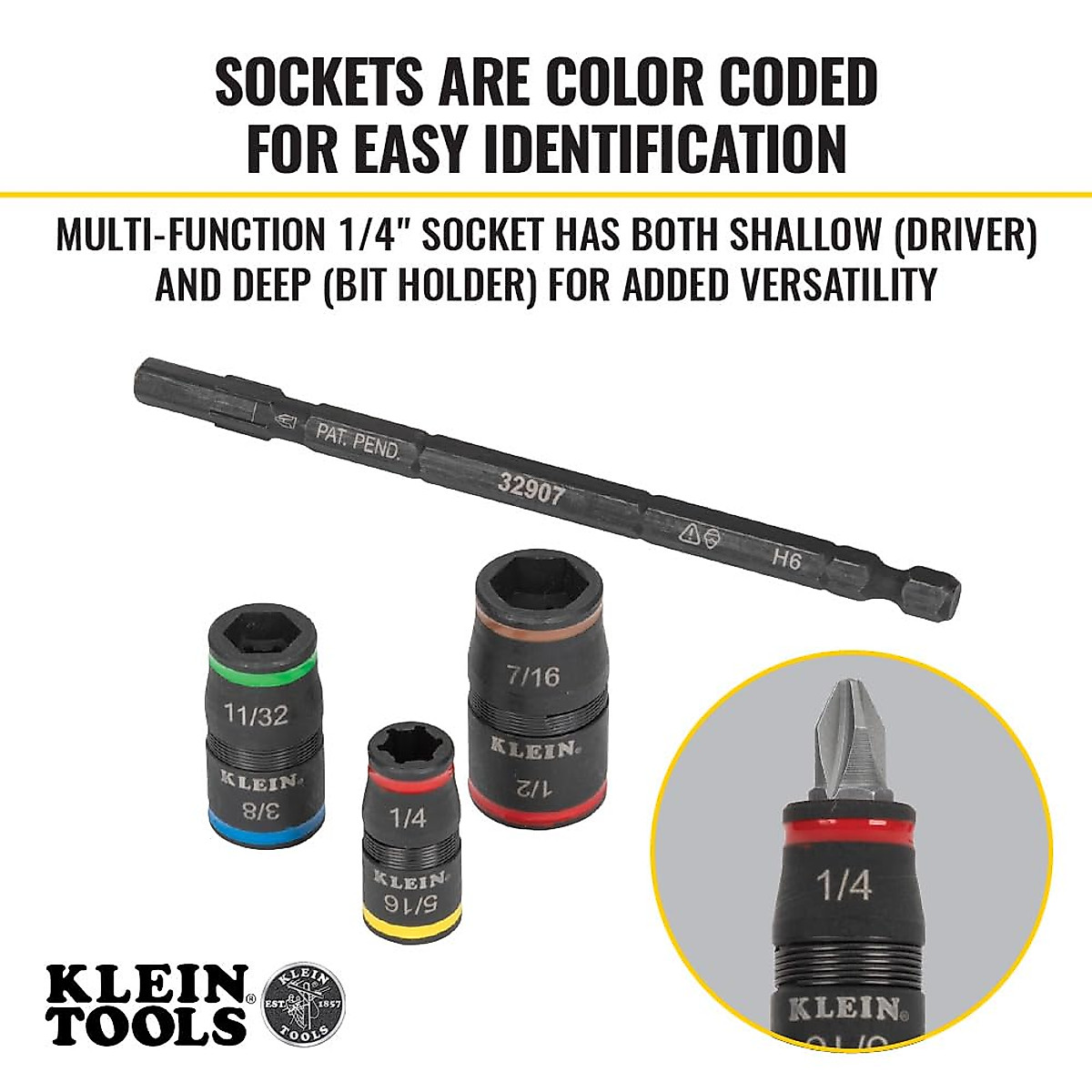 Klein Tools 32907 Impact Driver, 7-in-1 Impact Flip Socket Set with 1/2, 7/16, 3/8, 11/32, 5/16, 1/4 Nut Driver Sizes and 1/4-Inch Bit Holder