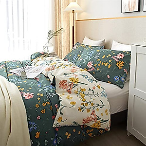 PinkMemory Green and White Duvet Cover Queen 100% Cotton, Garden Flower Pattern Bedding Duvet Cover Set Full Queen with Pillowcases Soft Durable Zipper-No Comforter Insert