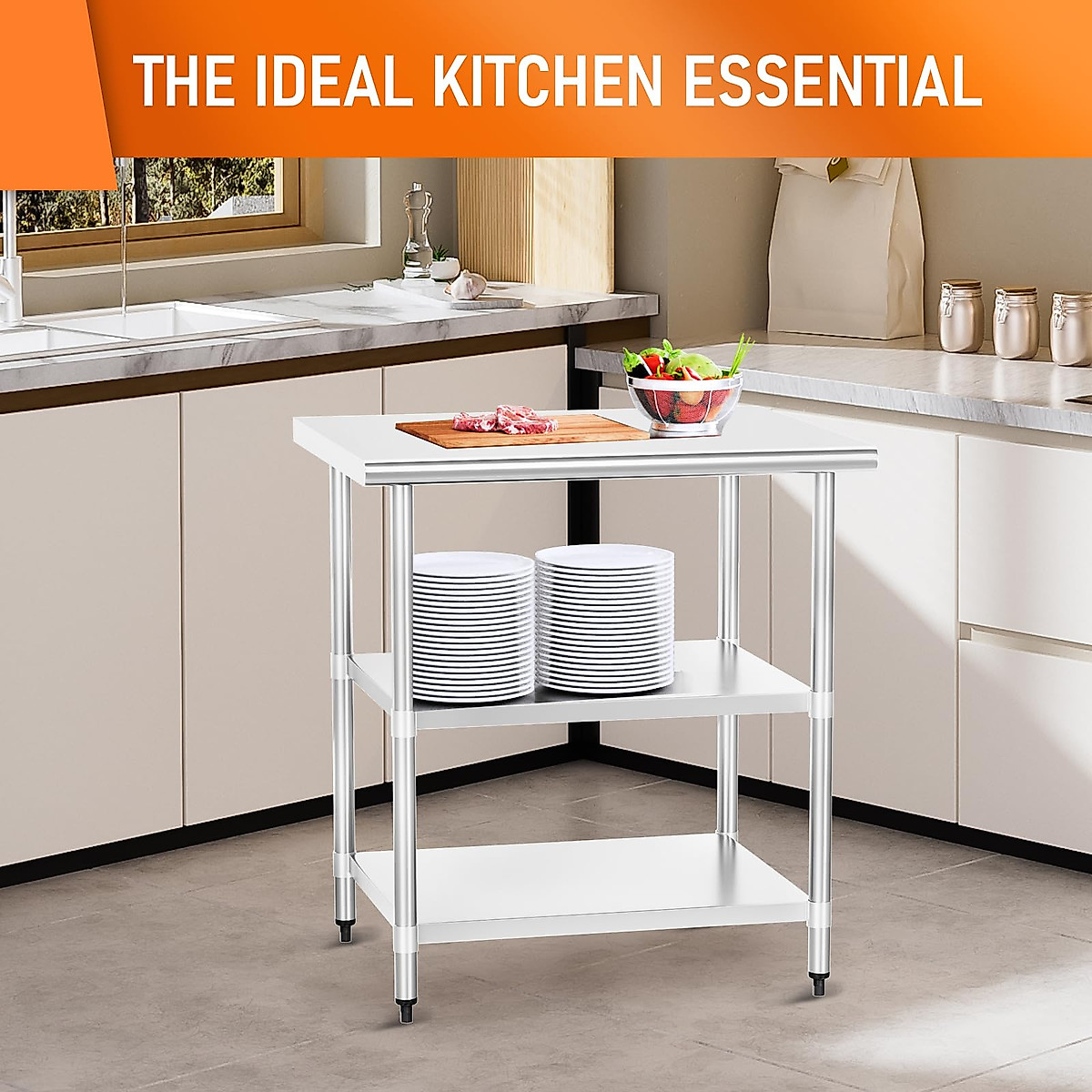 HOCCOT Stainless Steel Table for Prep & Work 24" X 30" inches with 2 Adjustable Shelf, Commercial Workstations, Utility Table in Kitchen Garage Laundry Room Outdoor BBQ