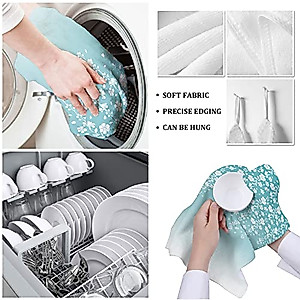 Yun Nist Kitchen Dish Towels,White Flower Vine Blossom Cherry Soft Microfiber Dish Cloths Reusable Hand Towels,Falling Floral Teal Gradient Back Washable Tea Towel for Dishes Counters 1 Pack