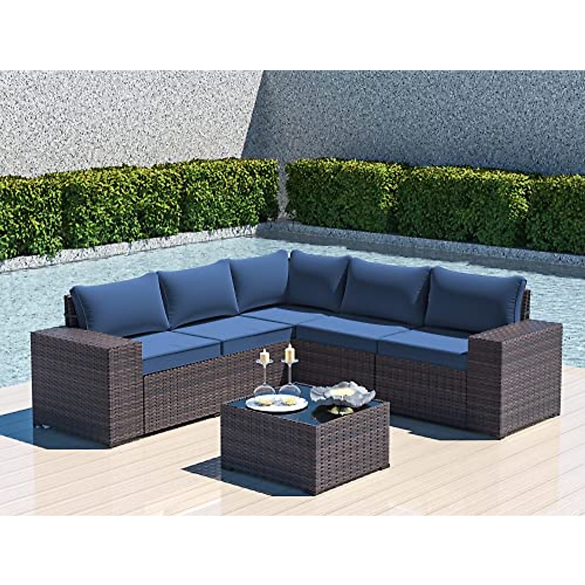 ASJMR Outdoor Patio Furniture Set, 12 Pieces Outdoor Sectional Furniture High Backrest Patio Set, All-Weather PE Rattan Patio Conversation Set w/Coffee Tables & Cushions(Dark Blue)