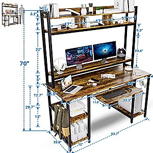 Computer Desk with Hutch Bookshelves, Storage Shelves, Keyboard Tray, Home Office Study Work Desk 53 inch Width, 70 inch High