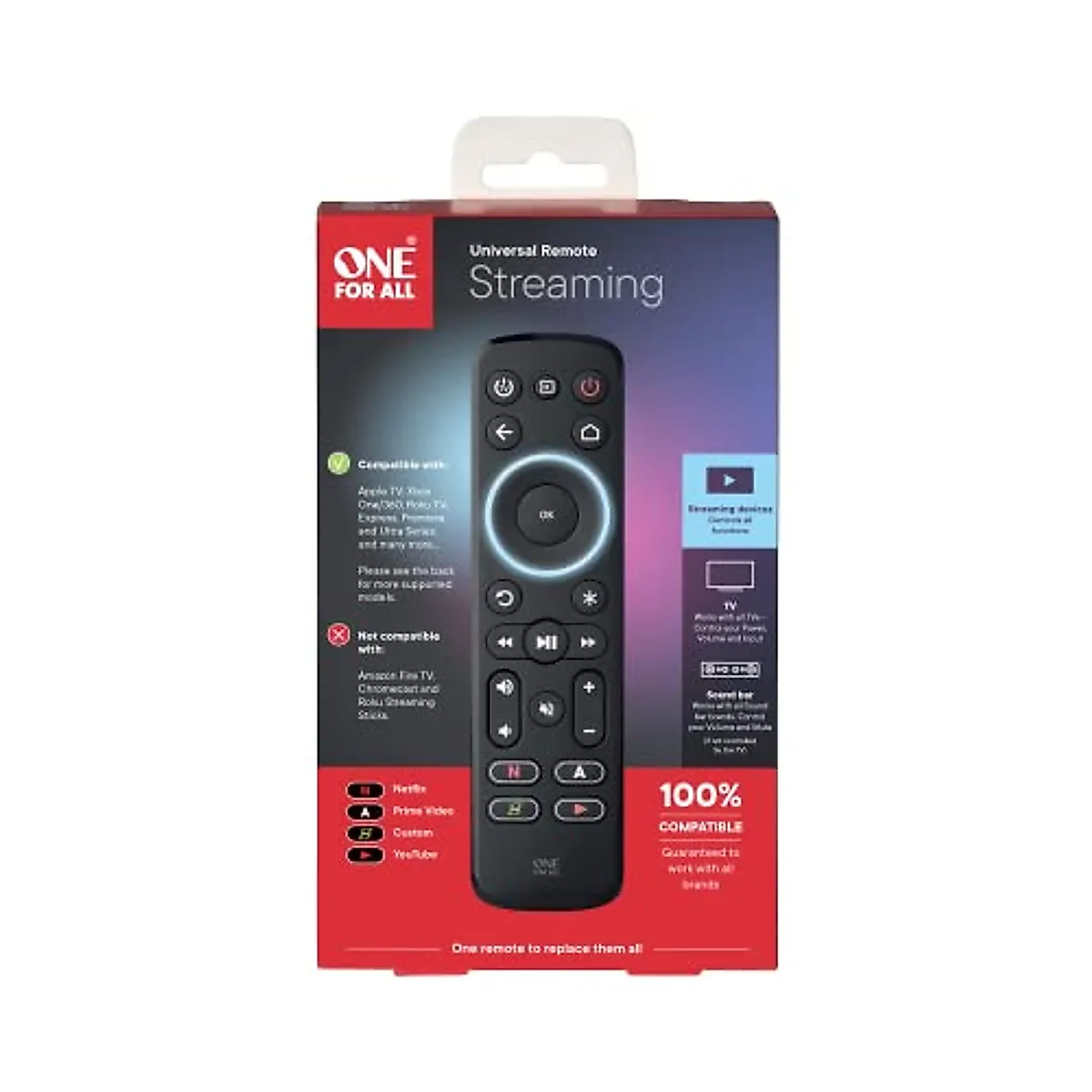 One For All Streamer Remote – Universal Remote Control for up to 3 Devices Infrared Controlled Streamer Boxes TVs and Sound bar – Learning Feature - Backlit Keys - Black – URC7935