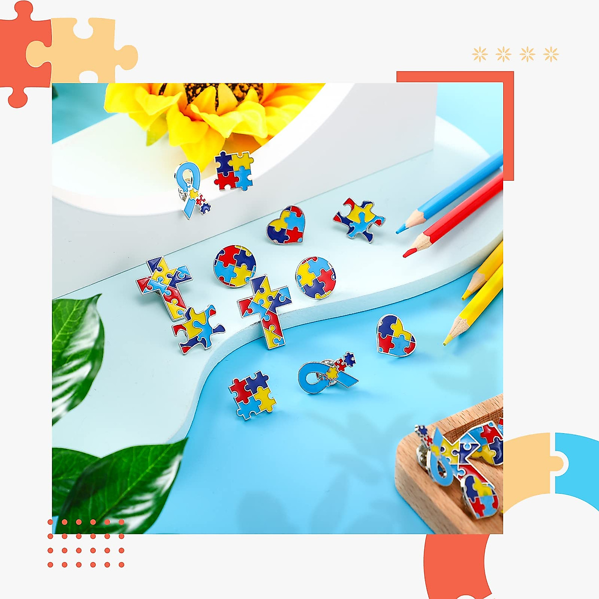 24 Pieces Autism Awareness Pin Autism Pin Lapel Pin Multi Color Autism Puzzle Piece Brooches Pins Autism Awareness Accessories for Clothing, Shirts and Jackets, 6 Styles (24 Pieces)