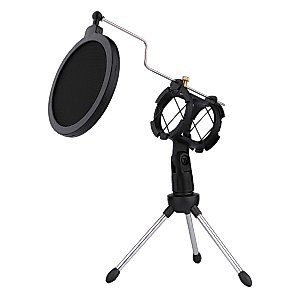 Dreokee Desktop Mic Stand, Microphone Stand Desk Tripod Stand with Shock Mount Portable Mic Holder and Double-Non-slip Feet Net Wind Screen Pop Filter for Instruments Voice Overs Recording Studio