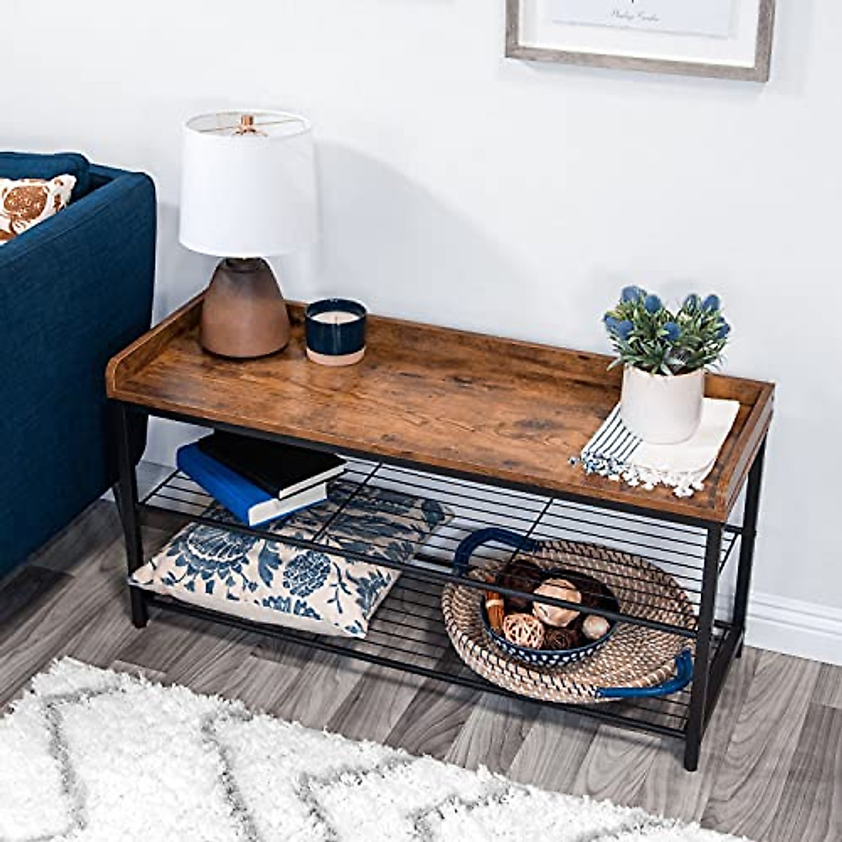 AVAFORT Two Layer Shoe Bench with PU Leather Padded Seat Top, Metal Frame, Rustic Brown