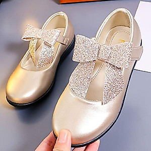 Diufon 2019 Spring and Autumn New Single Shoes Children Shoes Princess Shoes Soft Bottom Bow Peas Shoes Little Girls Flat Shoes Sandals (5-5.5 US M Little Kids, Gold)