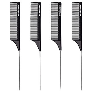 Goodofferplace 4PCS Hair Rat Tail Combs Carbon Parting Rattail Combs Teasing Fine Tooth Comb Metal Hair Pick Detangling Combs Set for Women,Girls for Curly,Braiding,Styling Hair(Black)