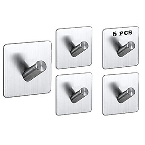 Adhesive Hooks - 5 Pack Heavy Duty Wall Hooks Waterproof Stainless Steel Hooks for Hat Towel Robe Hooks Rack Wall Mount-Bathroom Kitchen Home Hotel Office Cabinet and Bedroom CHROM02