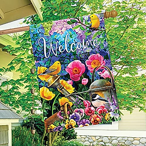 Springtime Garden Welcome House Flag Birds Floral 28" x 40" Briarwood Lane