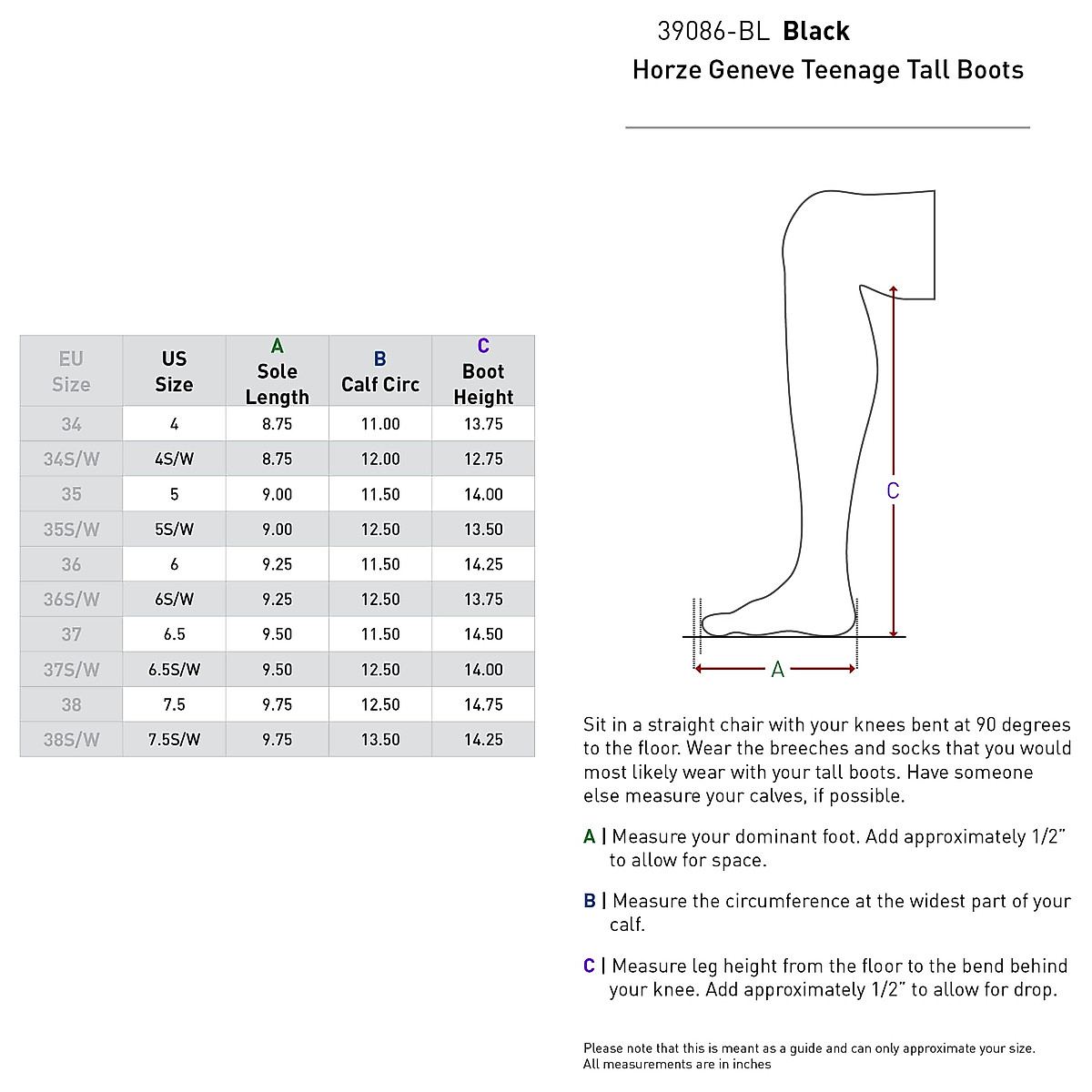 HORZE Geneve Young Rider Tall Boots - Black - 6S/XW