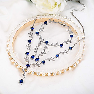 Crysdue Wedding Vine Jewelry Set for Brides Bridesmaid, Cubic Zirconia Elegance Teardrop Necklace Bracelet Dangle Earrings for Wedding Prom Party, Sapphire Leaves Bridal Jewelry