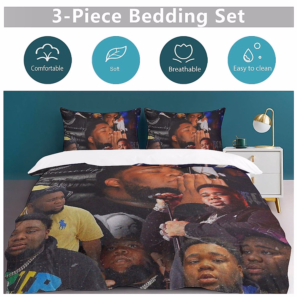 SHELLCELL Rod Wave 3 Pieces Duvet Cover Set, Soft Bedding Comforter Cover Set with Zipper Closure, 1 Duvet Cover and 2 Pillowcases for Bedroom All Season 86""x70"", Style 8