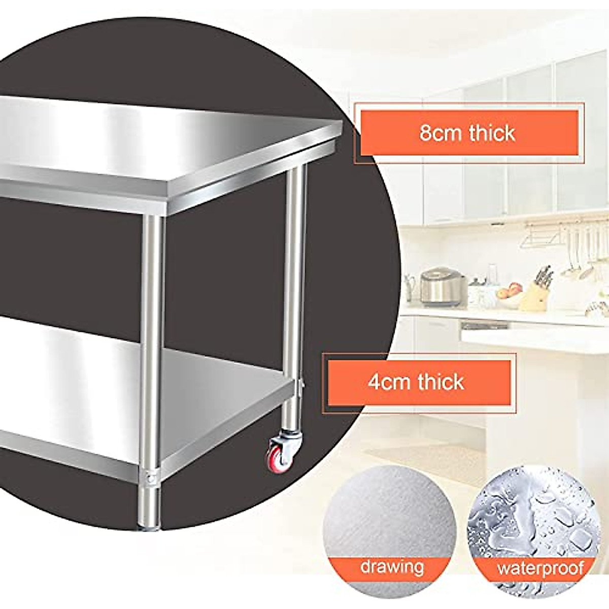 Commercial Kitchen Work Catering Table, Stainless Steel Work Table Commercial Kitchen Work Table Heavy Duty Prep Worktable with 4 Casters (Wheels) for Restaurant, Home (Size : 80X60X85CM)