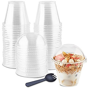 TOFLEN 50Sets 9 oz Clear Plastic Parfait Cups with Dome Lids (No Hole) and Sporks Disposable Party Serving Cups for Desserts, Yogurt Parfait, Fruit, Ice Cream, No Leaking To-Go Breakfast Snack Cups