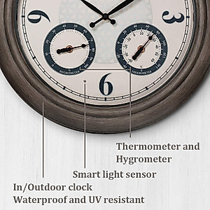 Presentime & Co 18" Farmhouse Outdoor Luminous Clock with Weather Thermometer & Hygrometer, Weather Station, Night Light with Smart Sensor - Grey Oak Finish, Outdoor Lights & Decoration.