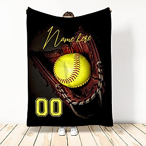 OhaPrints Custom Softball Glove Ball for Player Fan Idea Personalized Name Number Soft Sherpa Throw Blankets Cozy Fuzzy Fleece Throws for Tv Sofa Couch Comfy Fluffy Blanket 30X40 50X60 60X80