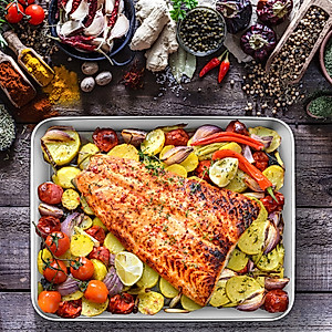 12.4 Inch Deep Rectangular Cake Pan, P&P CHEF Stainless Steel Baking Pan Lasagna Pan for Toaster Oven, Perfect to Bake Cookie Cake Meat, Corrugated Bottom & Heavy Duty, Non-Toxic & Dishwasher Safe