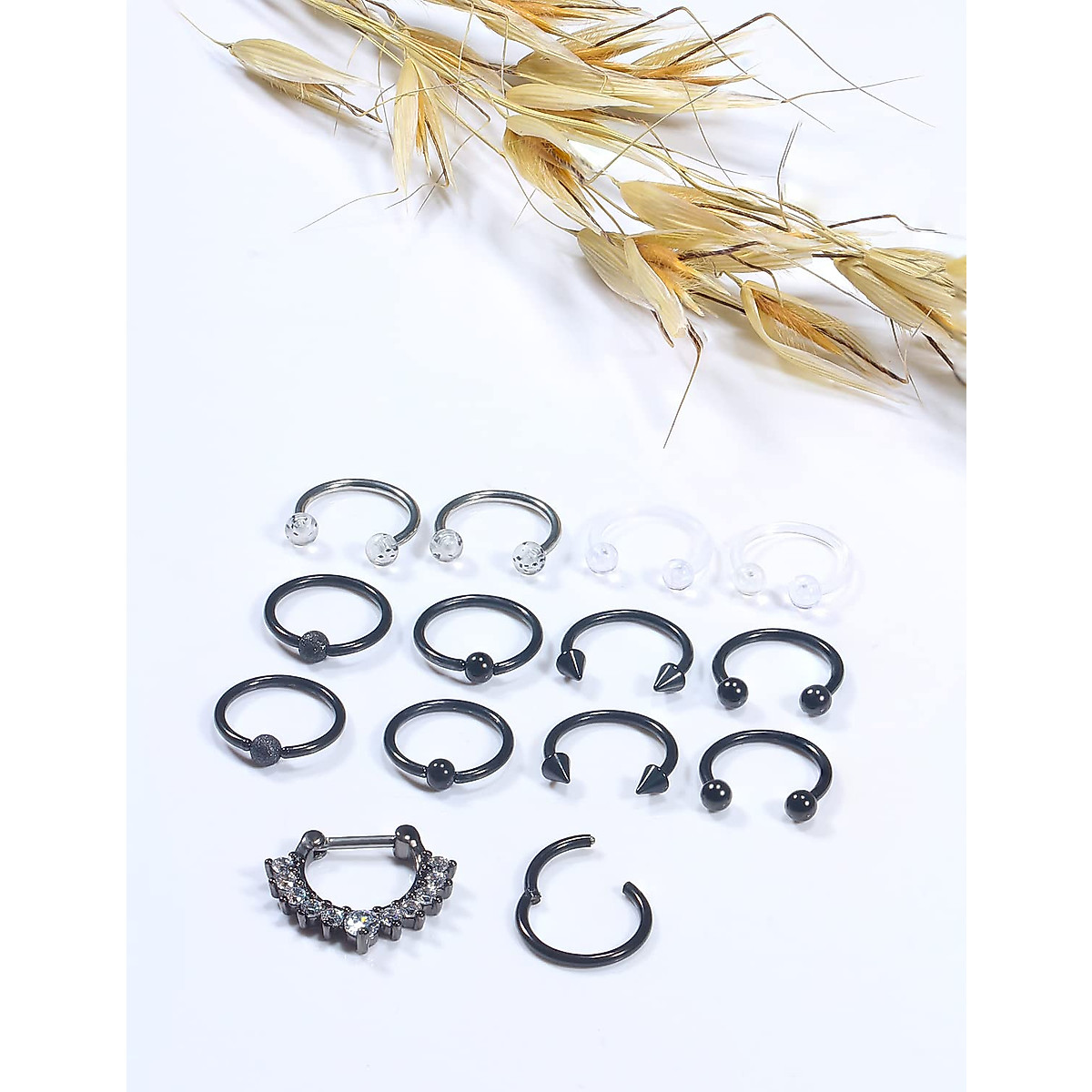 Yaalozei 16G Black Septum Rings Piercing Jewelry 16 Gauge Stainless Surgical Steel Septum Jewelry Horseshoes Cubic Zirconia Crystal Septum Nose Rings Earrings Hoop Piercing Jewelry for Women Men 10MM