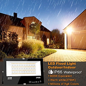 LED Flood Light Outdoor 800W Equivalent 8000LM Smart RGB Landscape Lighting with APP Control, DIY Scenes - Timing - Warm White 2700K - Color Changing Uplight, IP66 Waterproof US Plug MELPO(2Pack)