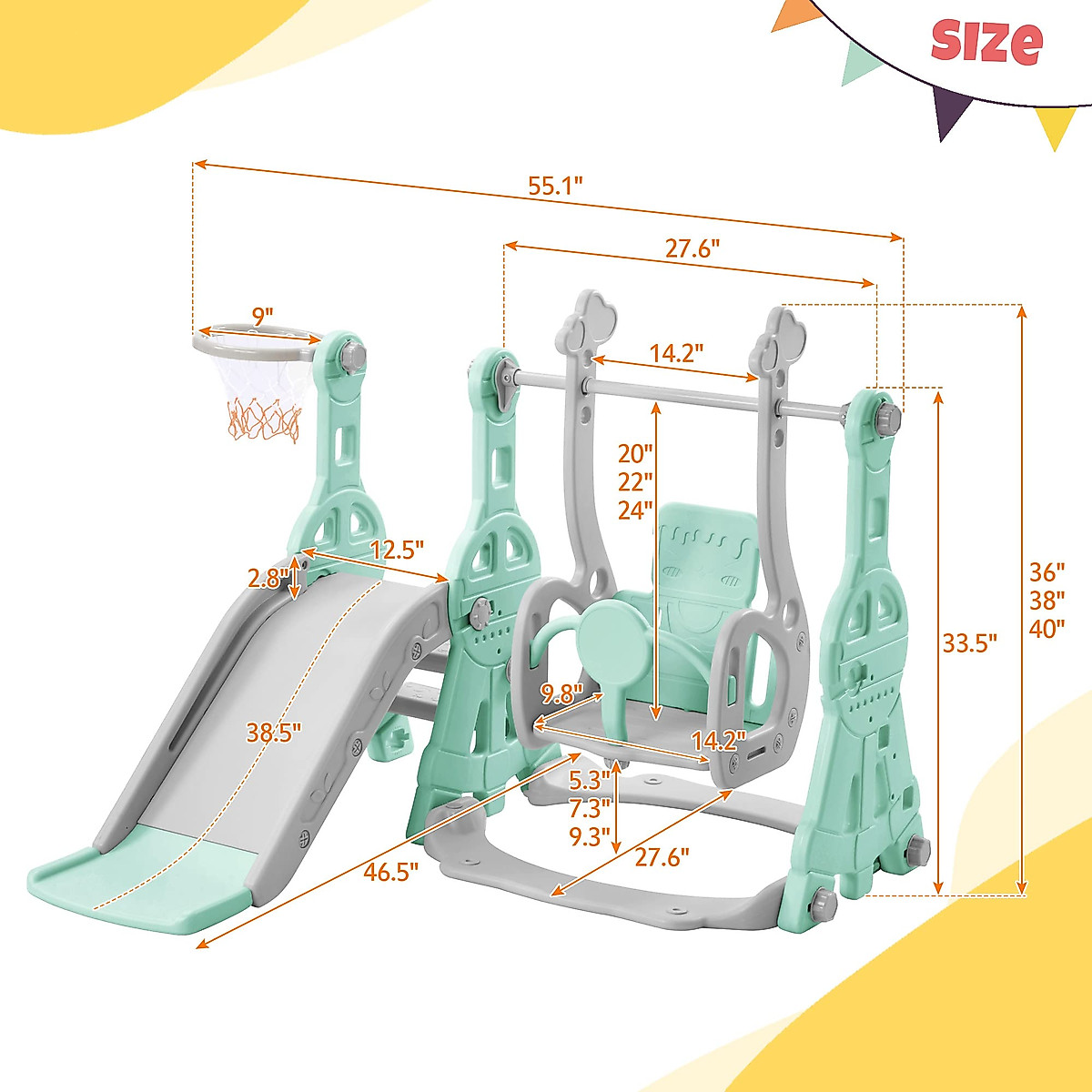 Children Slide Swing Set,Combination Activity Center Freestanding Slides Playset for Kids Indoor Toddler Climbing Stairs Toy with Basketball Hoop Game Outdoor Playground, Safe Toy for Toddler (5-in-1)