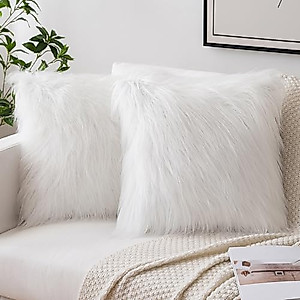 MIULEE Pack of 2 Decorative Faux Fur Throw Pillow Covers New Luxury Series Style Fluffy Pillow Case Cushion Cover for Sofa Bedroom Car White 18 x 18 Inch