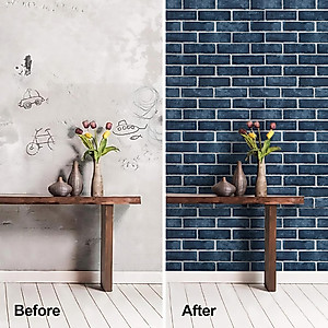 HeloHo 17.7" X 118" Blue Brick Wallpaper Peel and Stick Wallpaper Self-Adhesive Removable Wallpaper Brick 3D Textured Wallpaper for Kitchen Backsplash Living Room Bedroom Decor