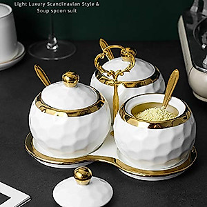 BIHOIB Golf Porcelain Sugar Bowl Condiment Pot Salt Container with Lid, Spoon and Tray, Set of 3, Modern Spice Box Seasoning Jar, White and Gold