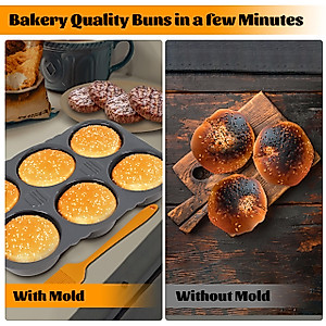 AKS Co Hamburger Bun Pan, Non-Stick Silicone - Oven-Safe, Vented 6-Cavity Baking Mold, Dishwasher Safe with Basting Brush