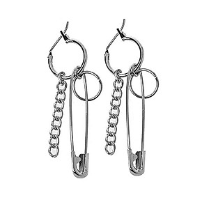 Safety Pin Chain Tassels Dangle Earrings Punk Silver Pin Dangle Earring with Hoop Jewelry for Men and Women (Silver)