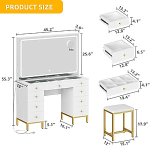 DWVO Vanity Desk Set with Large LED Lighted and Mirror & Power Outlet, Glass Top Vanity with Adjustable 3 Color Lighting Modes and 9 Drawer Magnifying Glass, 47" Makeup Vanity Desk with Bench, White