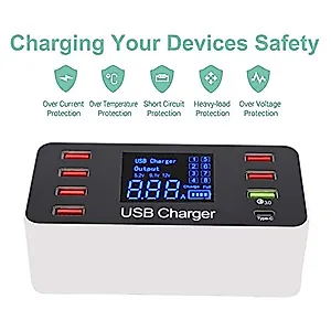 Multi USB 8-Port Smart Fast Desktop Hub Wall Charger Charging Station Quick Charge 3.0 USB Type C Port With LED Display Compatible with Apple Samsung Android Smart Phone, Tablet, Nintendo Switch Games