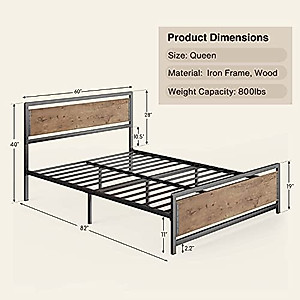 Gizoon Queen Size Bed Frame, Heavy Duty Platform Metal Bed with Headboard with Rivet, No Box Spring Needed, 15 Strong Metal Slats Support & 11'' Under-Bed Storage, No Noise, Easy Assembly, Retro