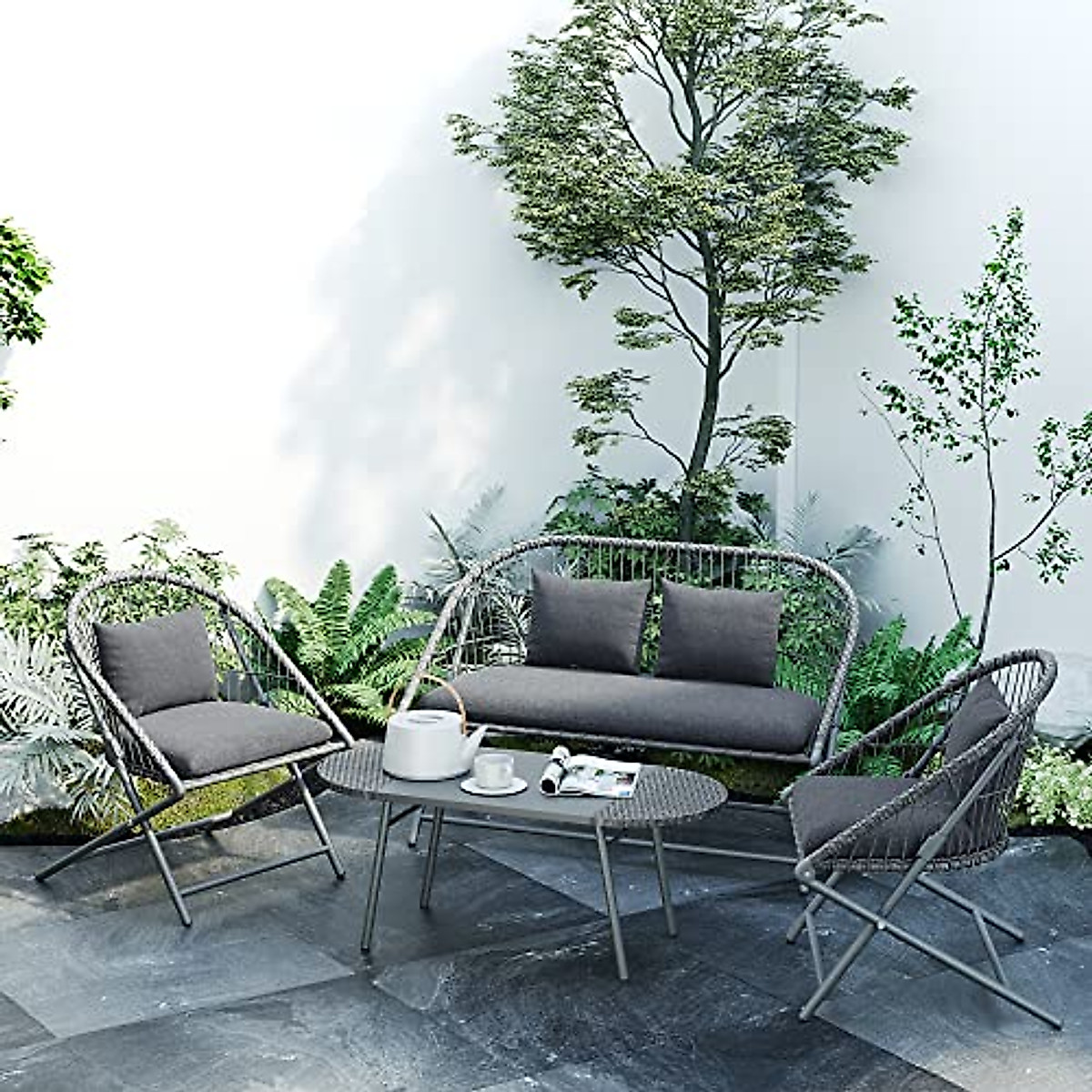 Brafab 4-Piece All-Weather Wicker Patio Furniture Set, Outdoor Furniture with Olefin Cushions, Patio Conversation Sets with Steel Frame, for Backyard Porch Deck Garden Balcony Poolside, Dark Grey