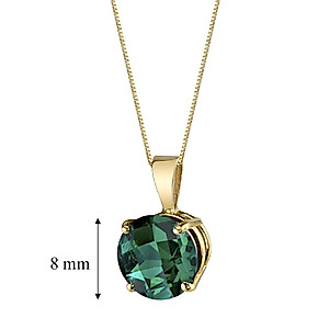 PEORA Solid 14K Yellow Gold Created Emerald Pendant for Women, Classic Solitaire, 1.75 Carat Round Shape, 8mm